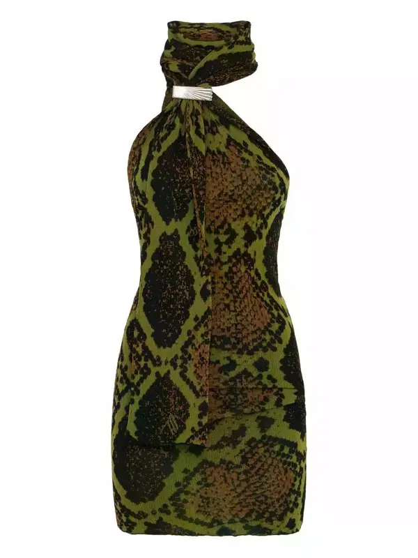 Attico Snake-print Halterneck Mini Dress - Green