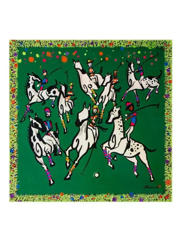 Shanghai Tang Equestrian Print Silk Scarf - Green