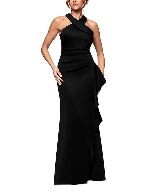 Aqua Scuba Ruffle Halter Gown - Black