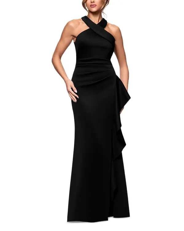 Aqua Scuba Ruffle Halter Gown - Black