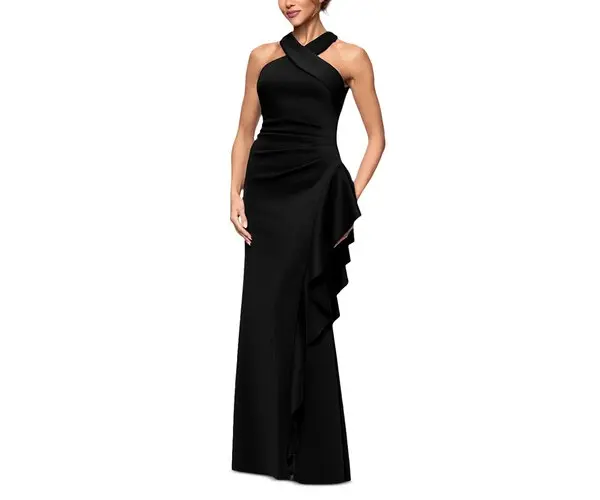 Aqua Scuba Ruffle Halter Gown - Black