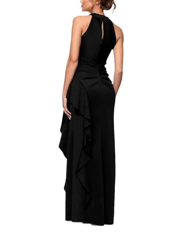 Aqua Scuba Ruffle Halter Gown - Black