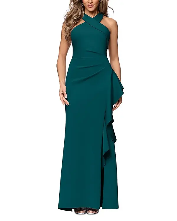 Aqua Scuba Ruffle Halter Gown - Hunter