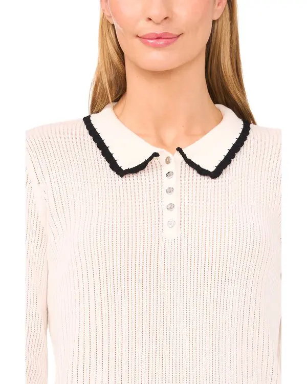 CECE DUPRAZ Pointelle Knit Polo Sweater