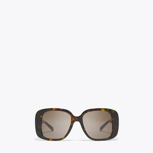 Tory Burch Pierced Oversized Square Sunglasses - Dark Tortoise/solid Brown