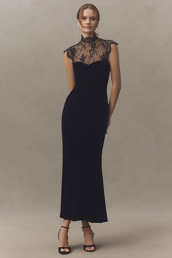Bhldn Lace Yoke Velvet Maxi Dress
