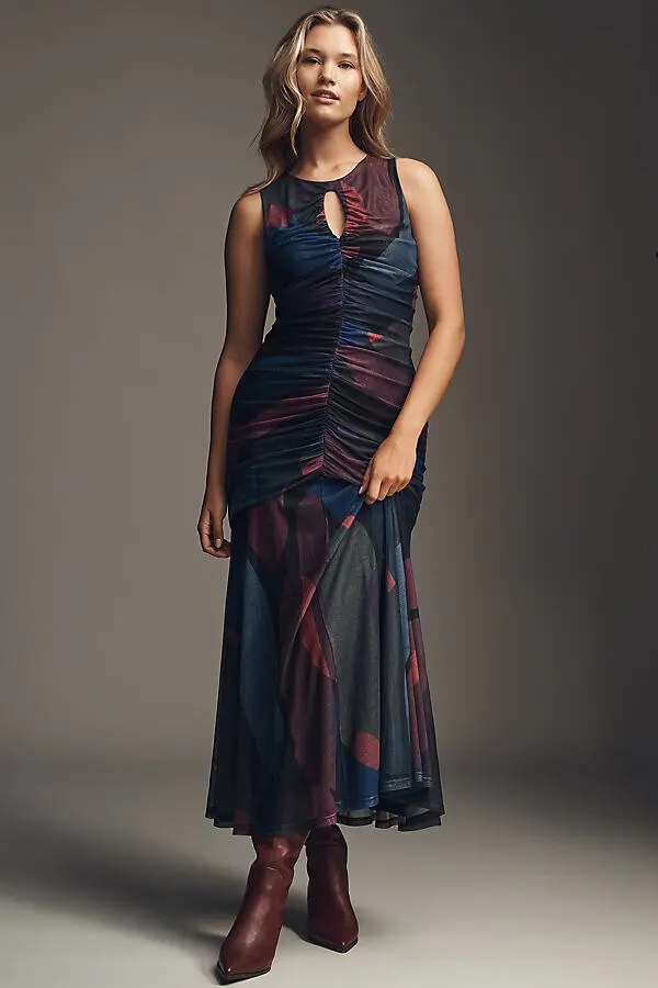 metallic lace bridesmaid dresses Metallic One Shoulder Pleated Lace Up Back Trumpet Dress with Side Cascade missy / 0 / dark-green