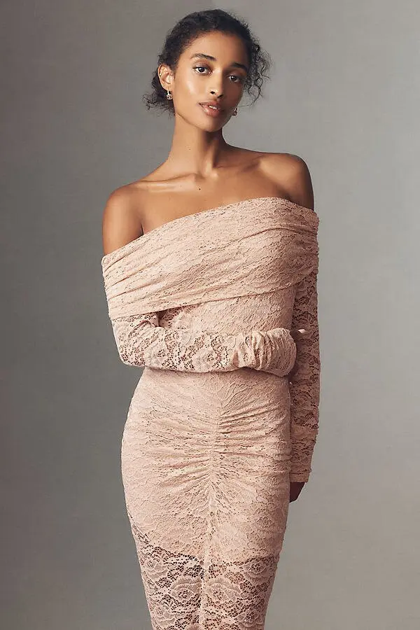 Ronny Kobo Yessenia Off-the-shoulder Long-sleeve Lace Maxi Dress - Rose