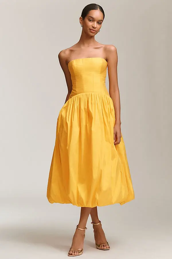 Bhldn Strapless Drop-waist Bubble Midi Dress