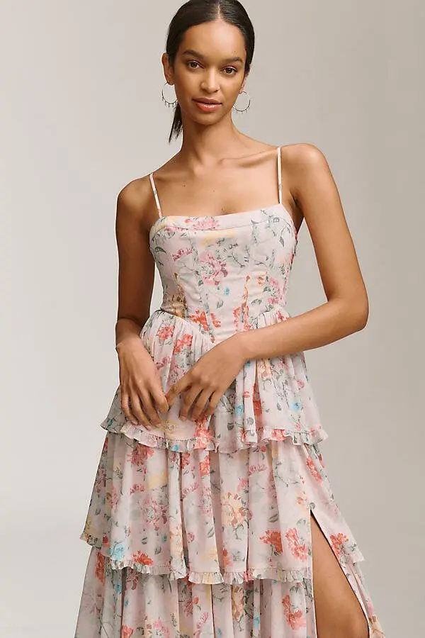 Bhldn Sleeveless Corset Floral Tiered Ruffled Maxi Dress In Blush
