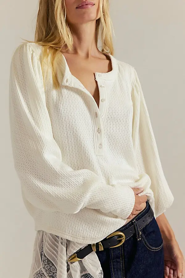 Free People Knit Henley With Dolman Sleeves - Clean Ivory