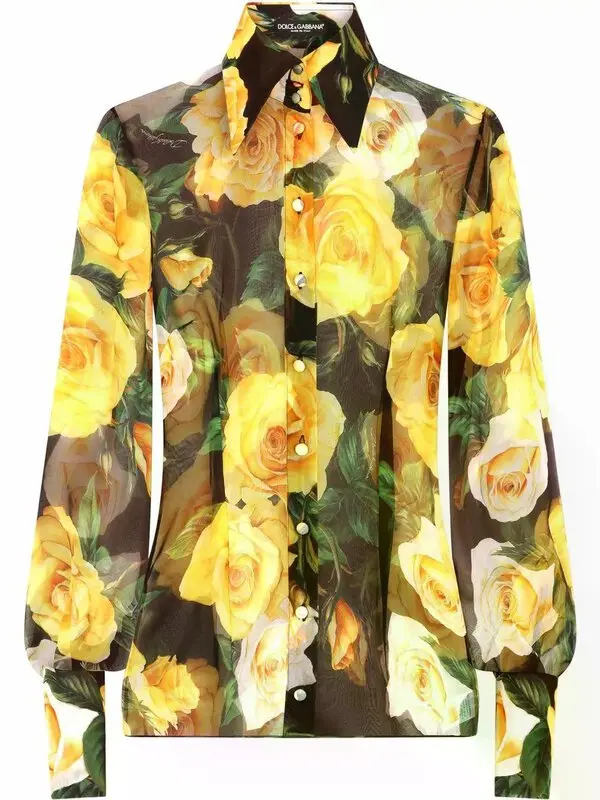 Dolce & Gabbana Rose-print Silk Georgette Shirt - Black