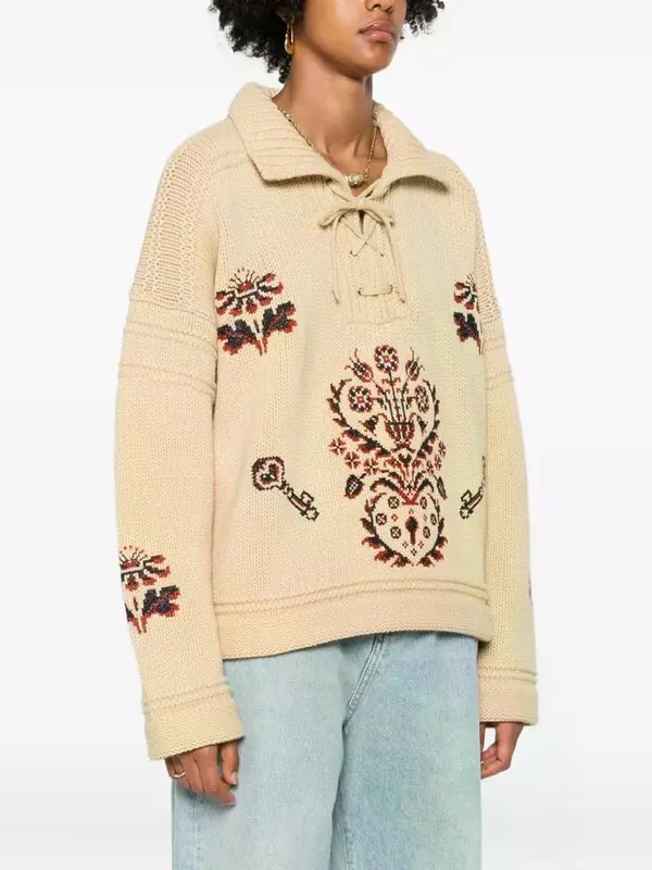Etro Embroidered Lace-up Sweater - Neutrals