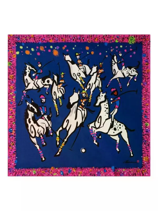 Shanghai Tang Equestrian Print Silk Scarf - Blue
