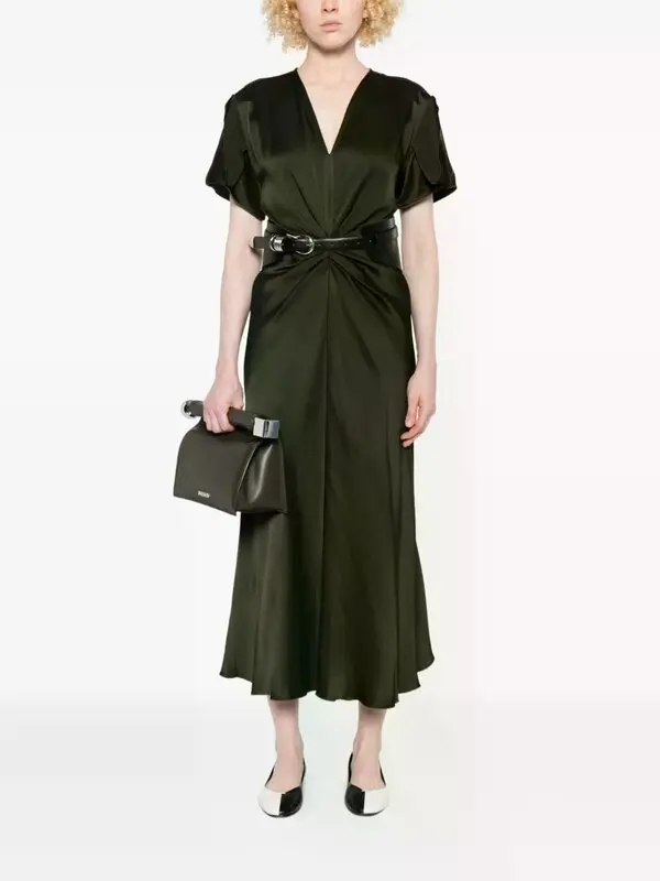 Victoria Beckham Women's Dark Olive Gathered V-Neck Midi Dress | 8