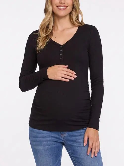 Motherhood Maternity V-neck Long Sleeve Henley Tee - Black