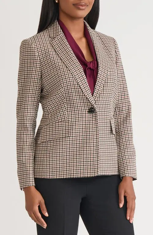 KASPER Houndstooth One-button Blazer - Toffee Multi
