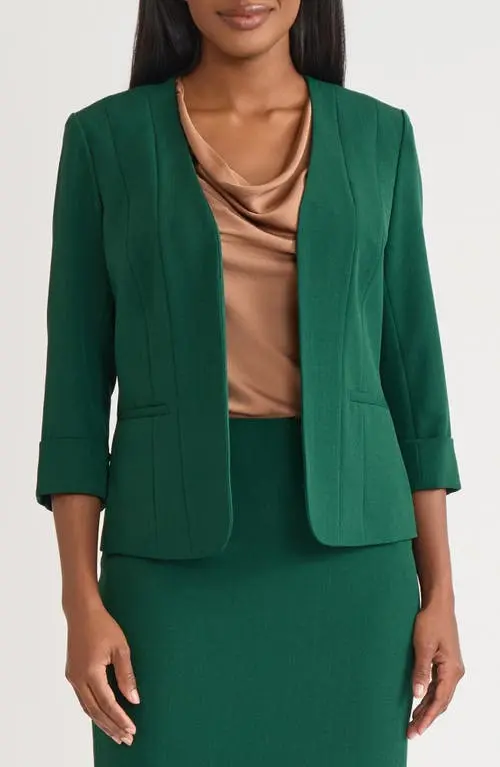 KASPER Three-quarter Sleeve Open Front Blazer - Evergreen