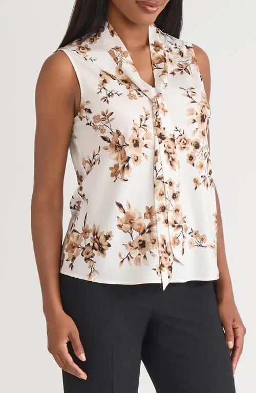 KASPER Floral Tie Neck Sleeveless Top - Vanilla Ice Multi