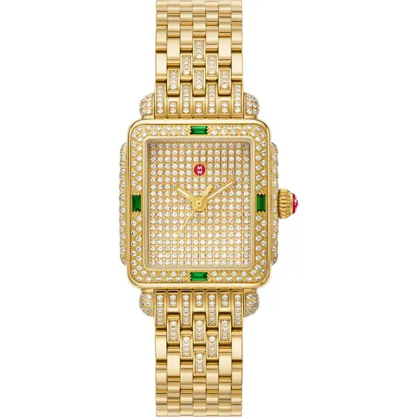 Michele Deco Mid Diamond Pavé & Tsavorite Bracelet Watch - Gold/green