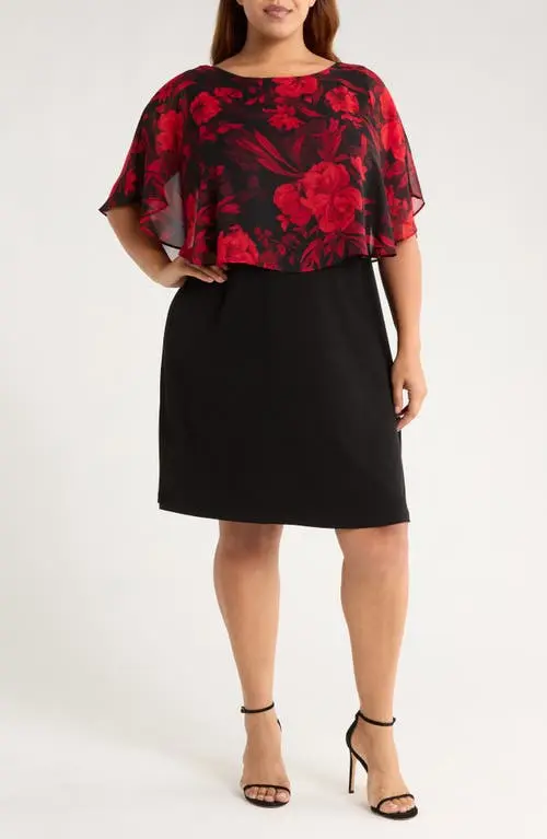 CONNECTED APPAREL Floral Cape Bodice Dress - Ruby
