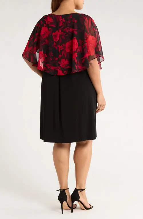 CONNECTED APPAREL Floral Cape Bodice Dress - Ruby