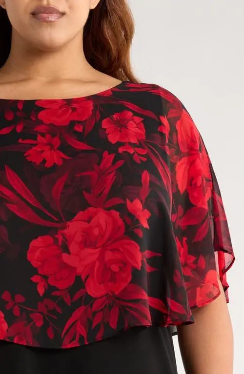 CONNECTED APPAREL Floral Cape Bodice Dress - Ruby