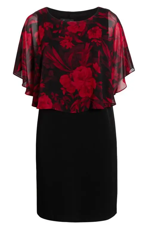 CONNECTED APPAREL Floral Cape Bodice Dress - Ruby