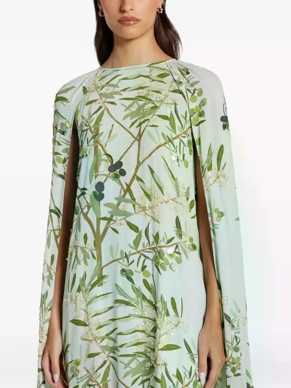 Bernadette Olive-print Sequin Cape Maxi Dress
