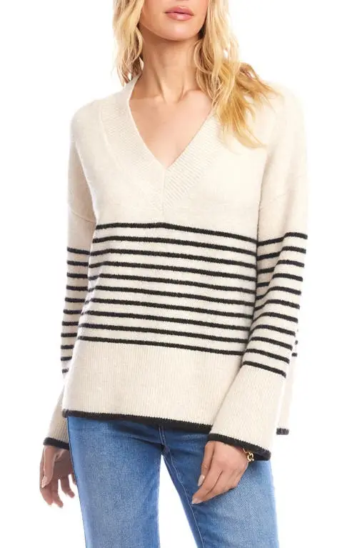 Karen Kane Striped V-neck Sweater - Ecru/black