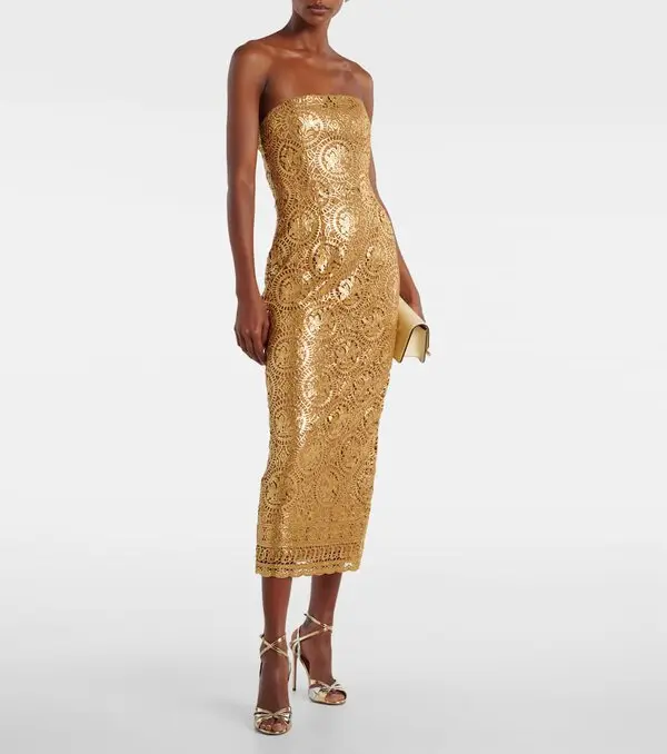 gold lace midi dress Metallic Gold Satin Lace Trim Midi Dress main image 0