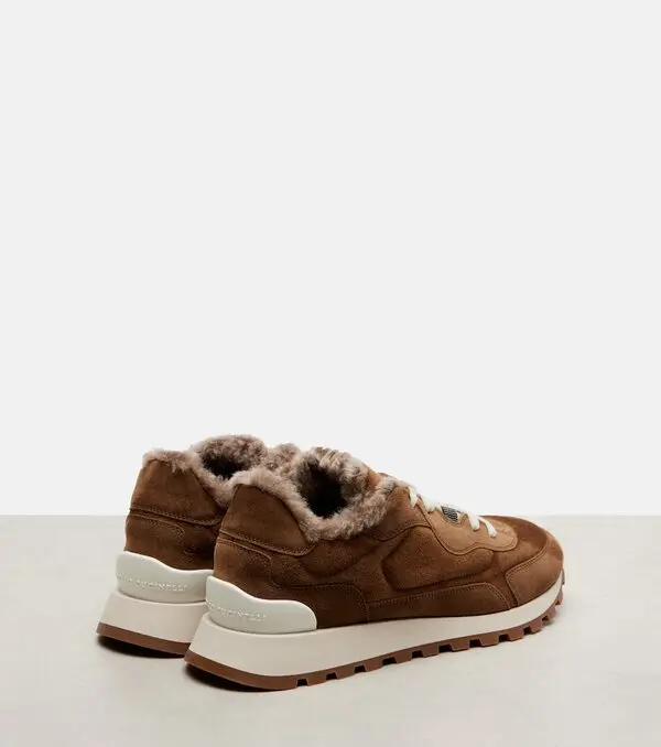 Brunello Cucinelli Runner Monili Suede And Canvas Sneakers - Beige