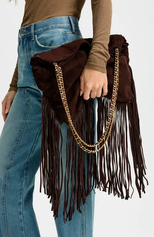 Veronica Beard Large Slouch Fringe Suede Shoulder Bag - Espresso