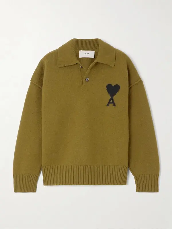 Ami Intarsia Wool Polo Sweater - Green