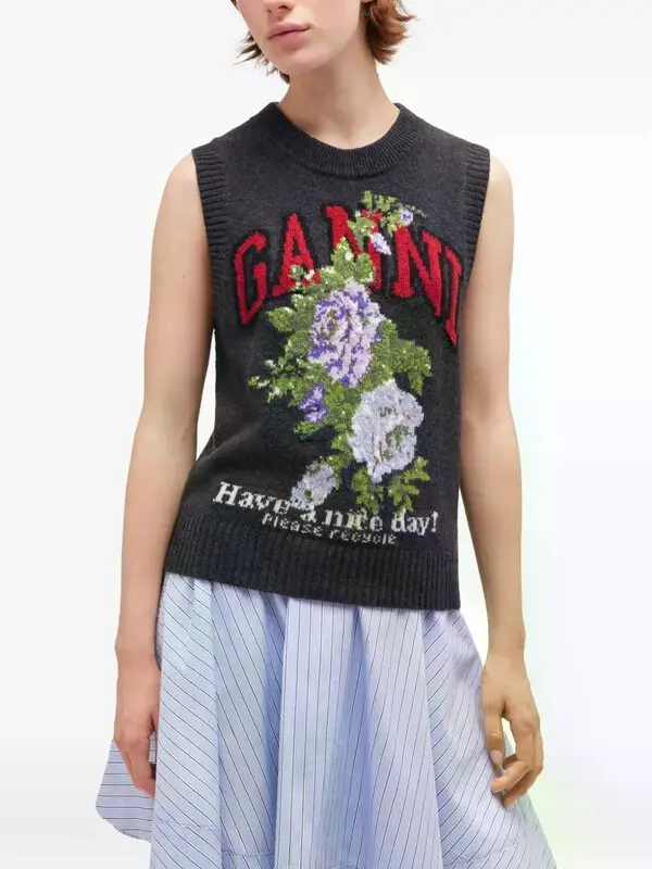 GANNI Floral-print Wool Vest