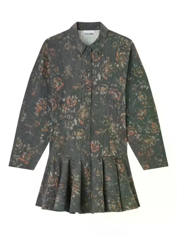 GANNI Printed Buttoned Dress - Grey