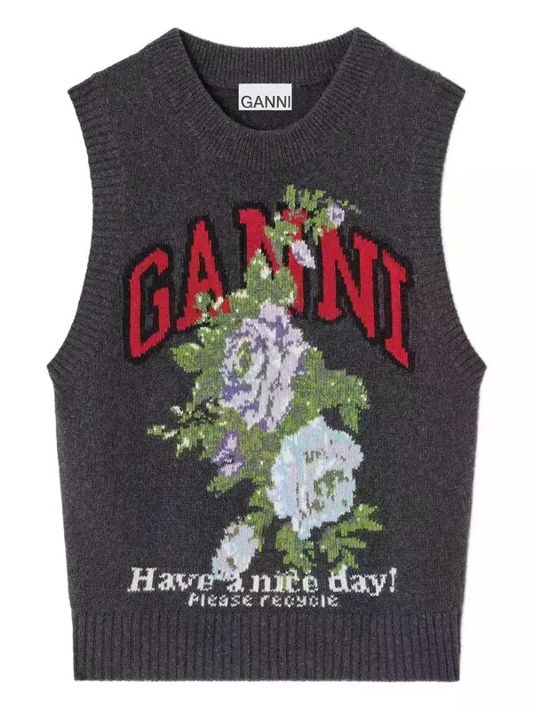 GANNI Floral-print Wool Vest - Grey