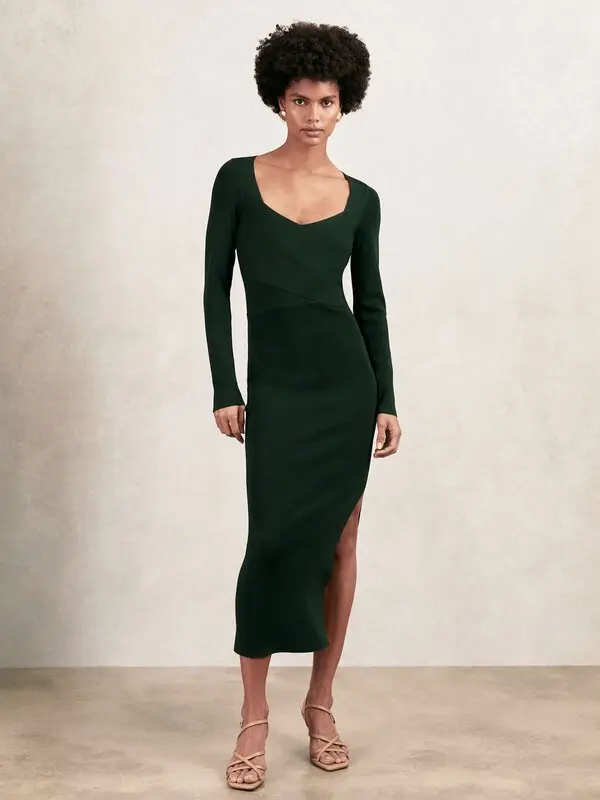 Reiss Sophia - Green Sophia Knitted Wrap-front Midi Dress, L