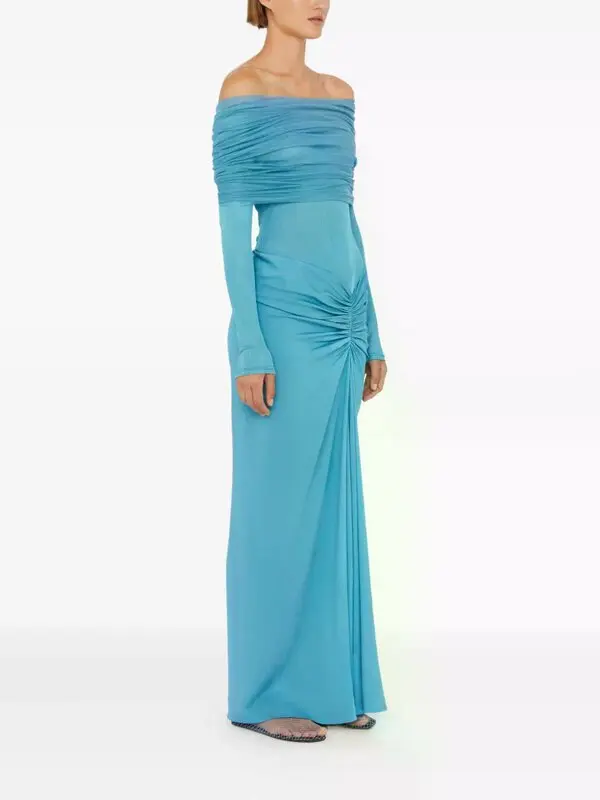 Christopher Esber Sonora Veiled Off-shoulder Ruched Long Dress - Blue