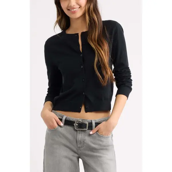 Bp. Crewneck Cotton Blend Cardigan - Black