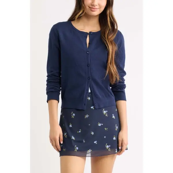 Bp. Crewneck Cotton Blend Cardigan - Navy Iris