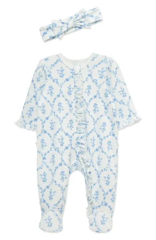 LITTLE ME Trellis Rose Ruffle Cotton Footie & Headband Set - Blue