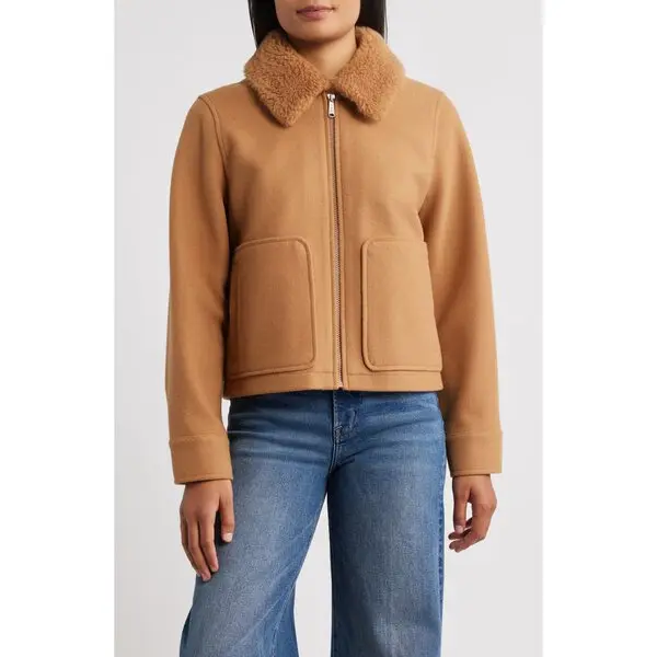 Sam Edelman Faux Fur Collar Zip-up Jacket - Camel