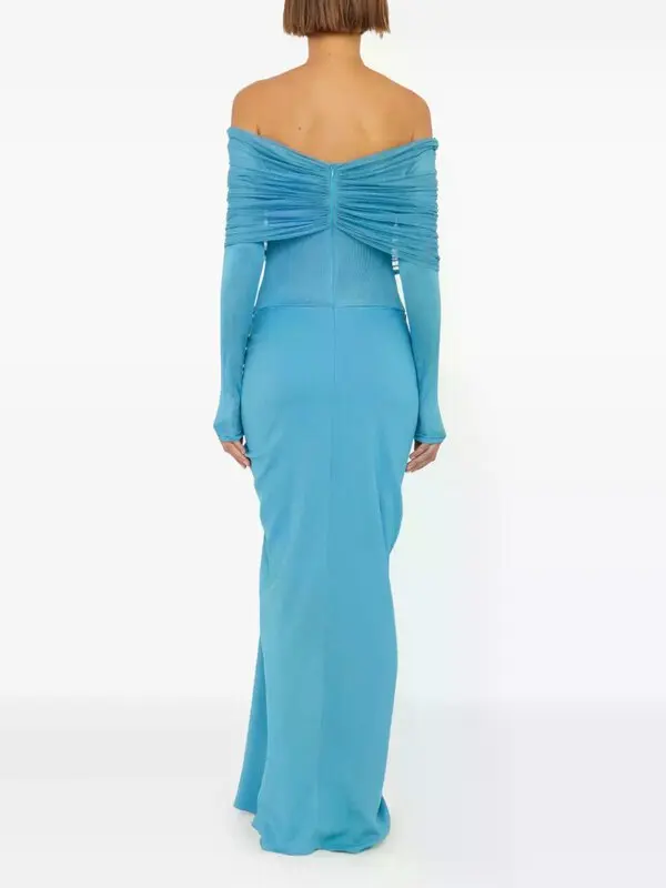 Christopher Esber Sonora Veiled Off-shoulder Ruched Long Dress
