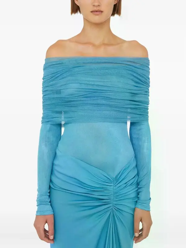 Christopher Esber Sonora Veiled Off-shoulder Ruched Long Dress