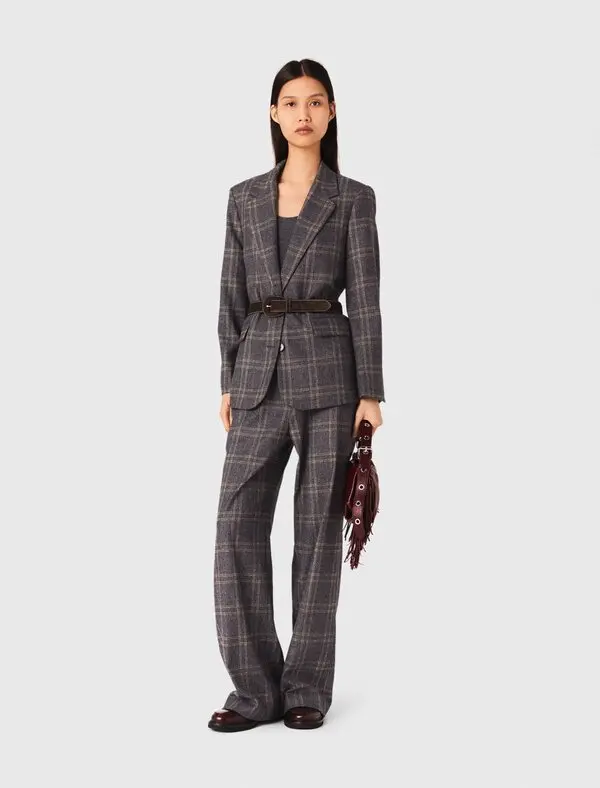 Maje Belted Checkered Suit Jacket - Grey