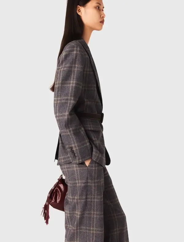 Maje Belted Checkered Suit Jacket - Grey