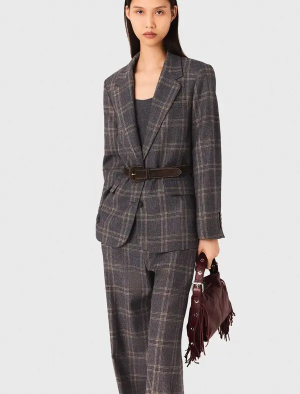 Maje Belted Checkered Suit Jacket - Grey