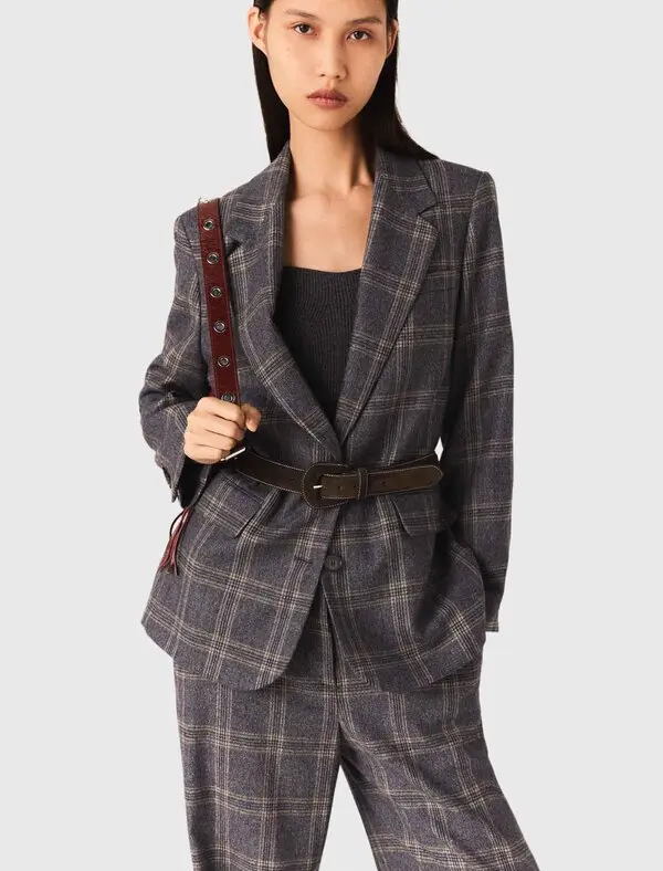 Maje Belted Checkered Suit Jacket - Grey
