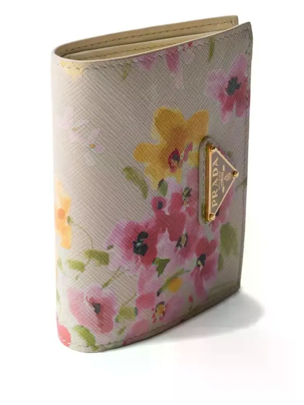 Prada Small Floral-print Saffiano-leather Wallet - Neutrals